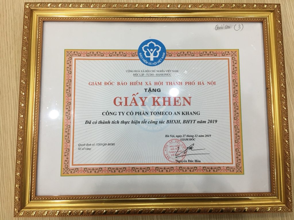 TOMECO Được BHXH Hà Nội Tặng Giấy Khen-Cty CP Cơ Điện TOMECO